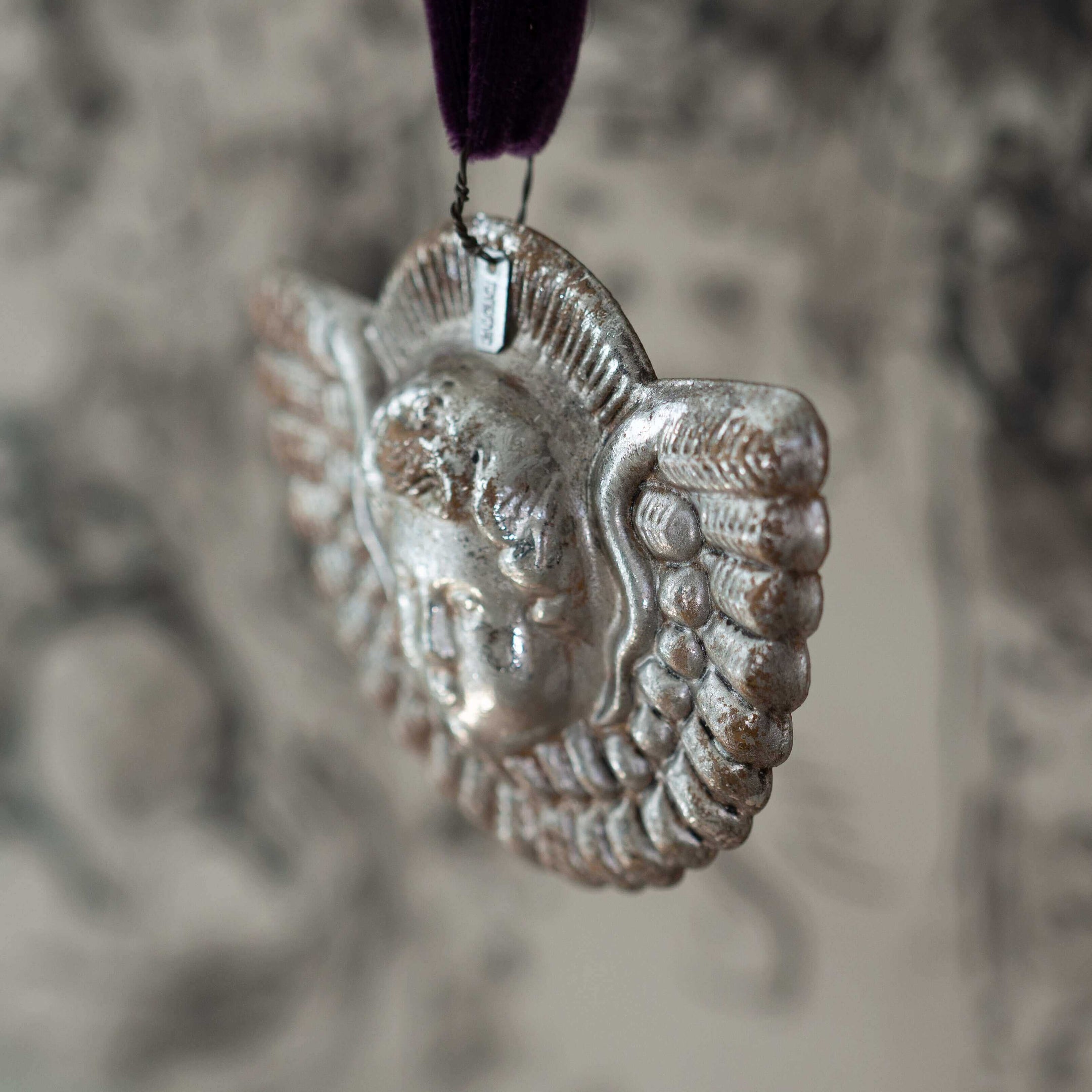 Vintage-Inspired Silvered Angel's Head and Wings in Metal