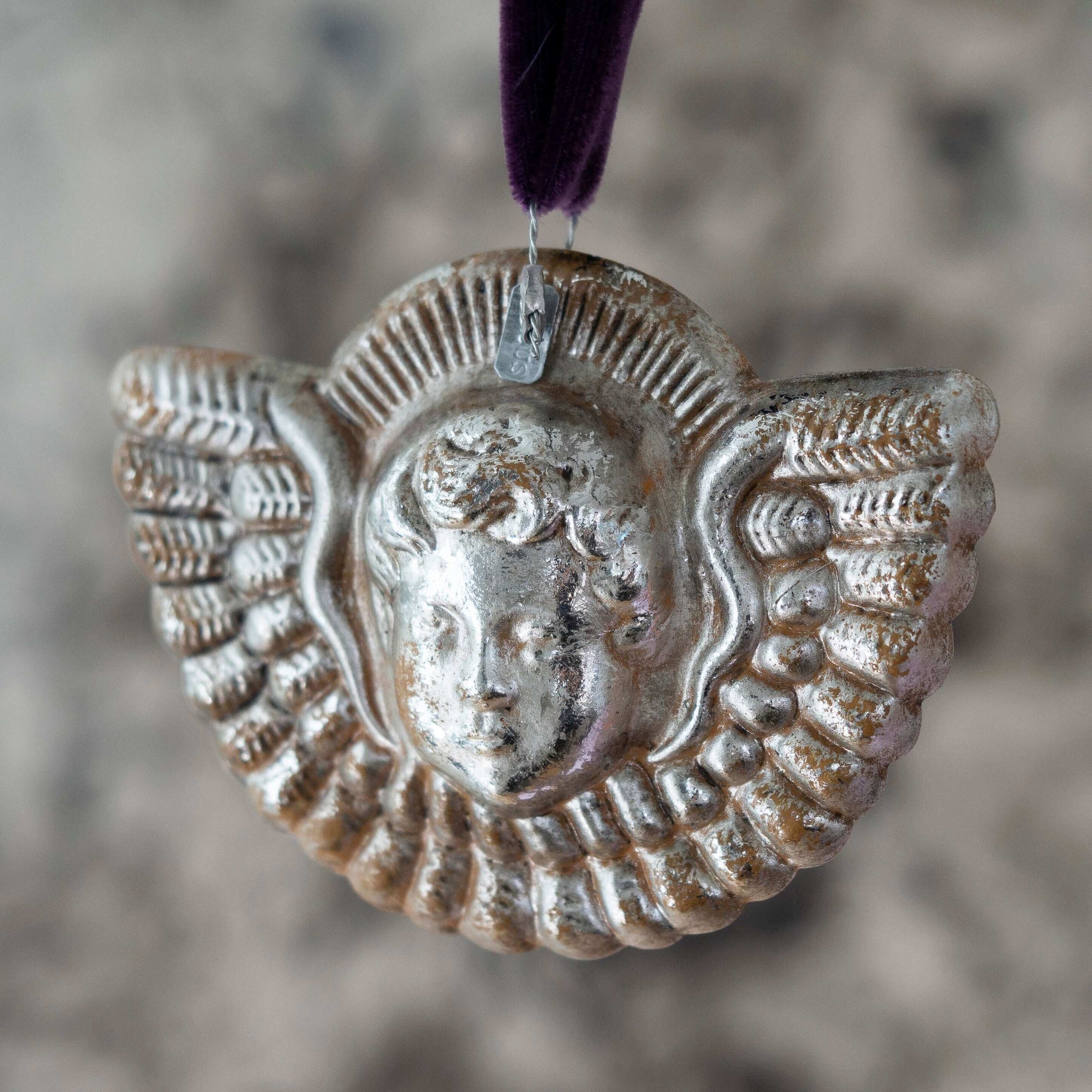 Vintage-Inspired Silvered Angel's Head and Wings in Metal
